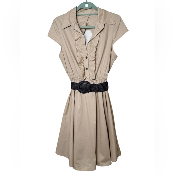 Dresses | Elegant Tan Dress With Black Belt | Poshmark